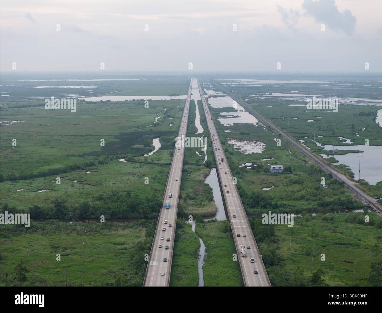 Aerial view of I-10 Bonnet Carré Spillway Bridge crossing Louisiana ...