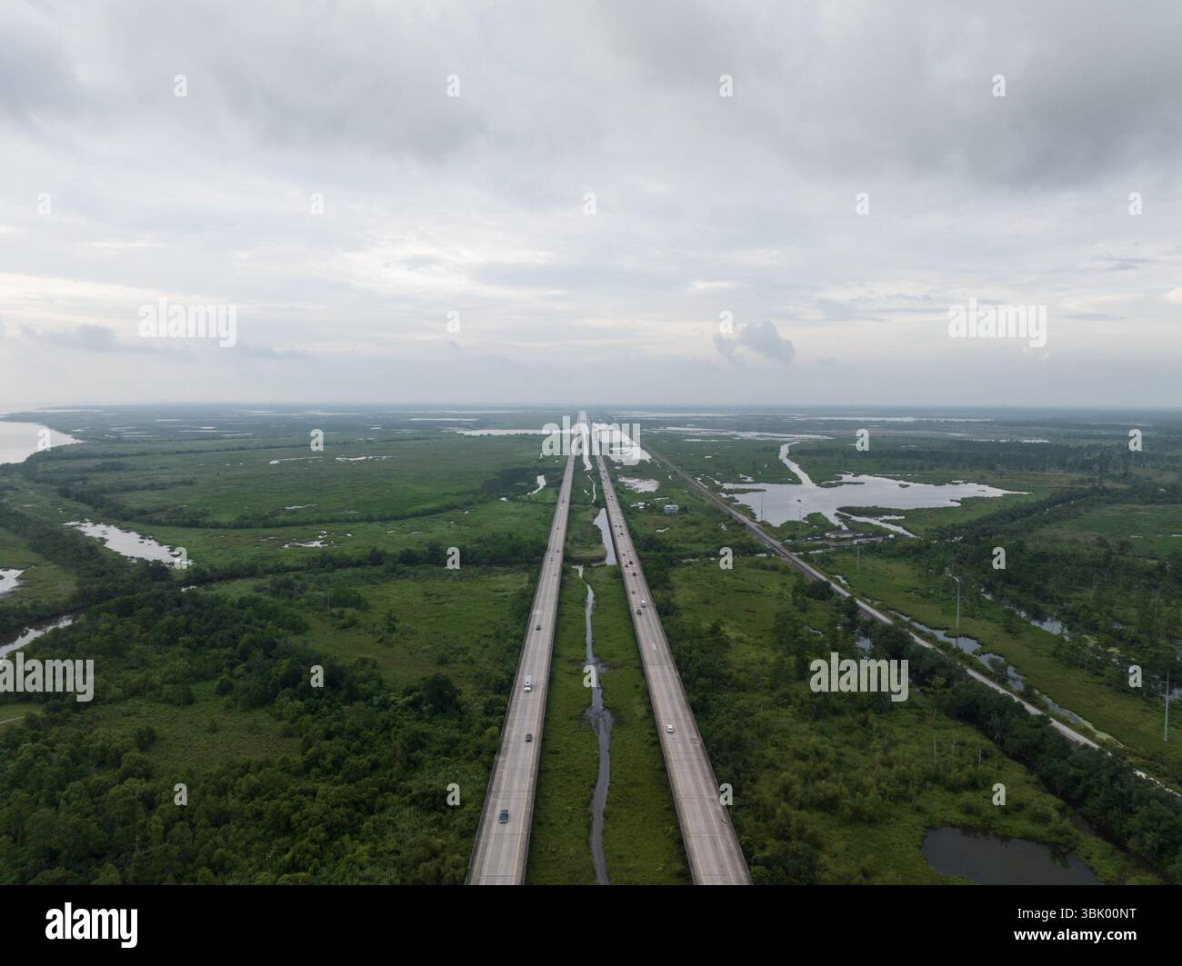 Aerial view of I-10 Bonnet Carré Spillway Bridge crossing Louisiana ...