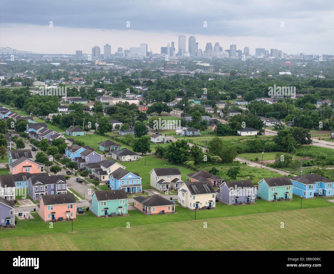 Aerial view of Desire neighborhood in New Orleans showing colorful ...