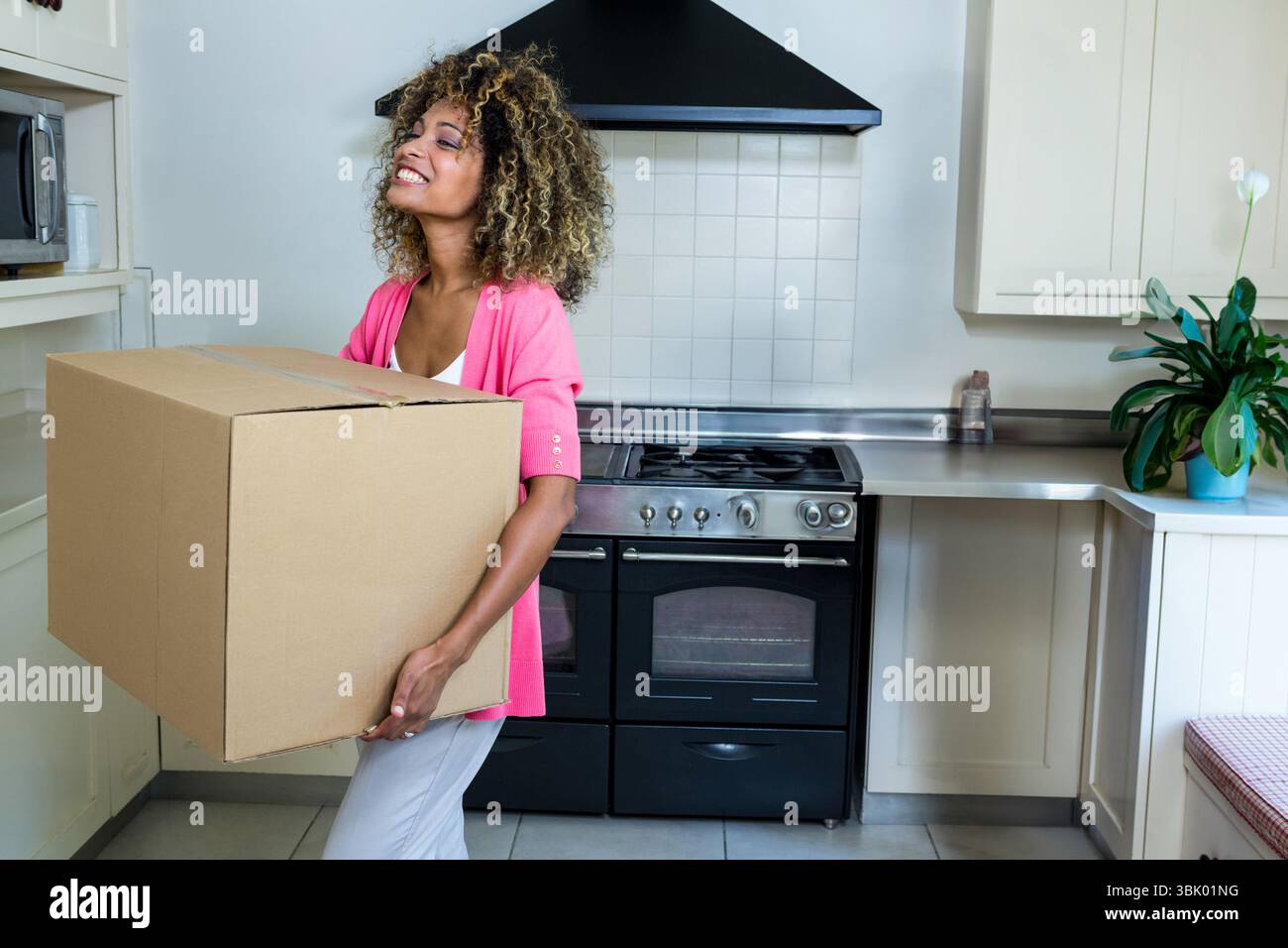 Cardboard box resting on stainless steel countertop under cream ...