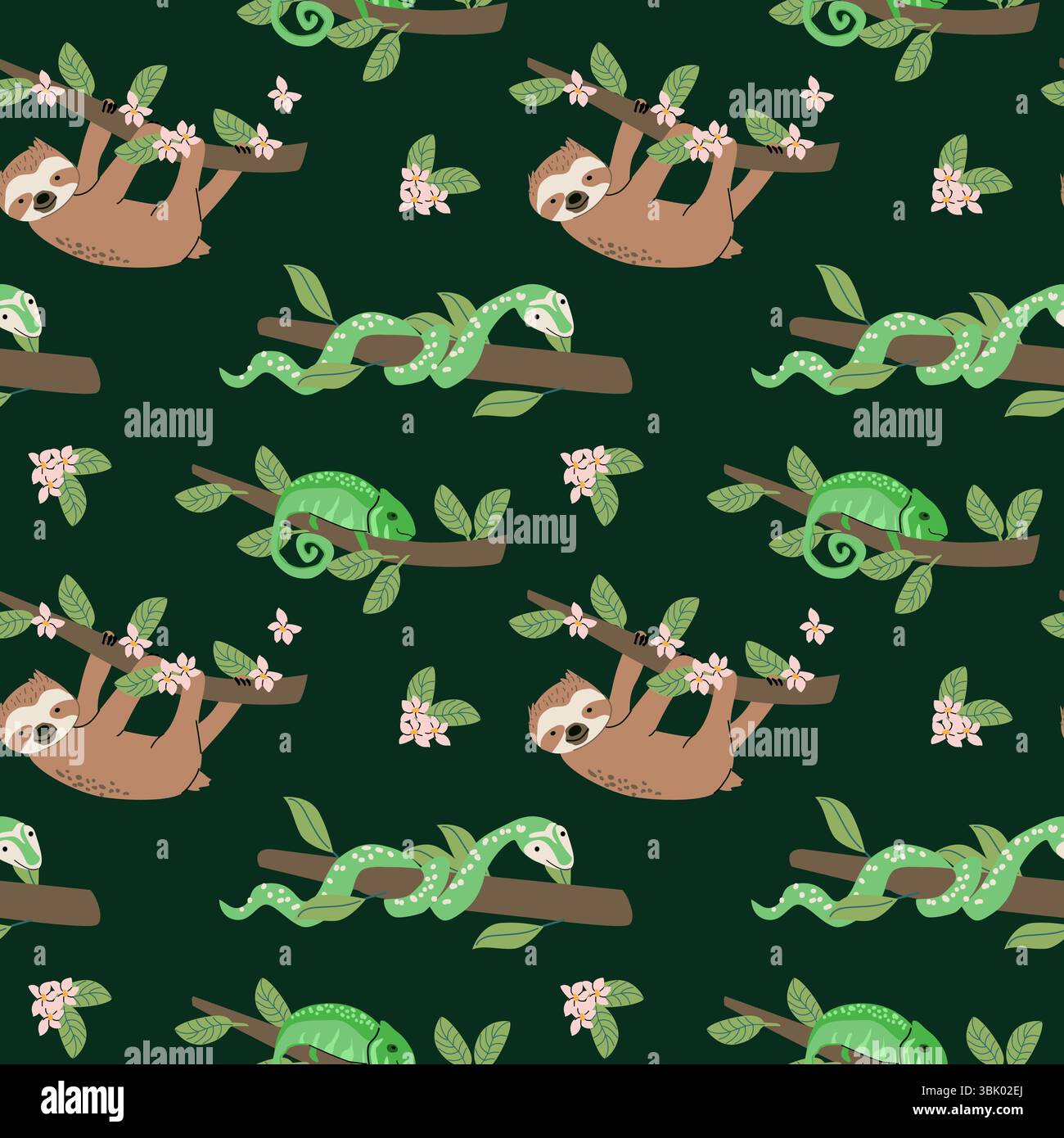 Tropical animals pattern with sloths and chameleons for fabric design ...