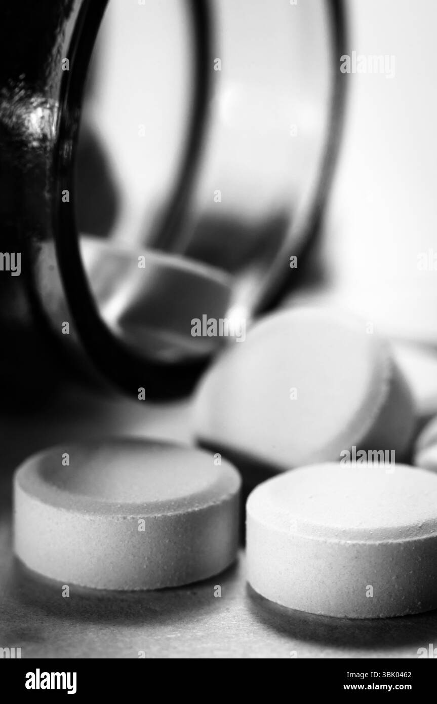 Medicine against white isolated background in black and white Stock ...