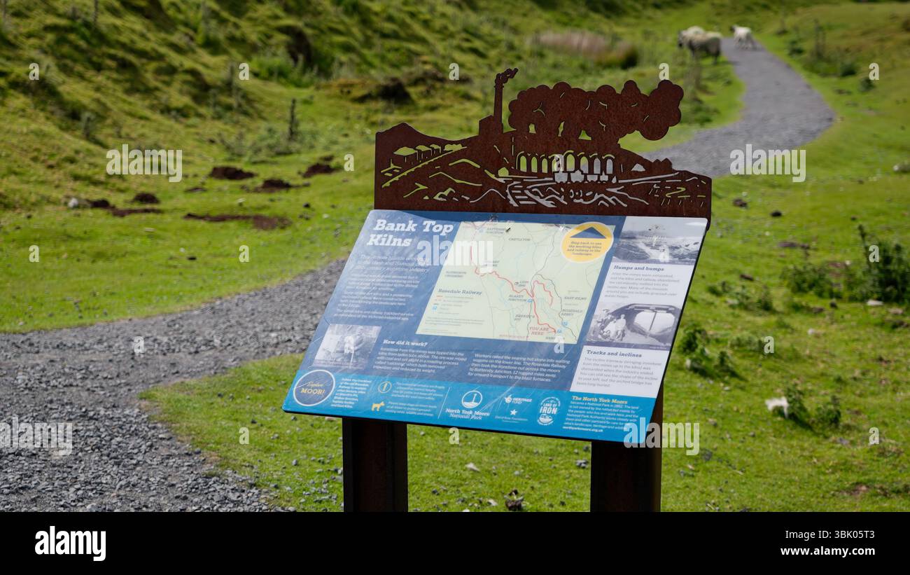 HELMSLEY, UK - JUNE 12, 2025 - Rusty metal artwork and informative sign ...