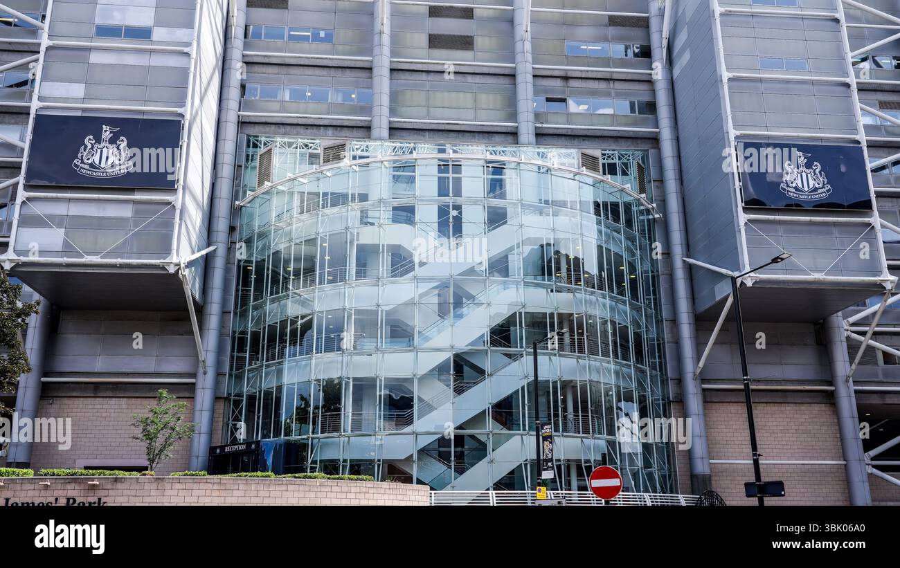 NEWCASTLE, UK - JUNE 13, 2025 - Modern glass facade of St James' Park ...