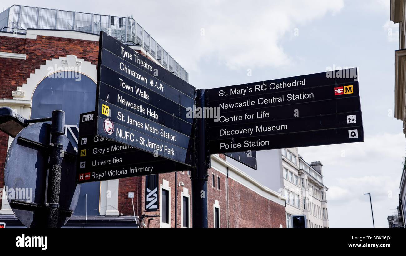NEWCASTLE, UK - JUNE 13, 2025 - Direction signs to tourist attractions ...