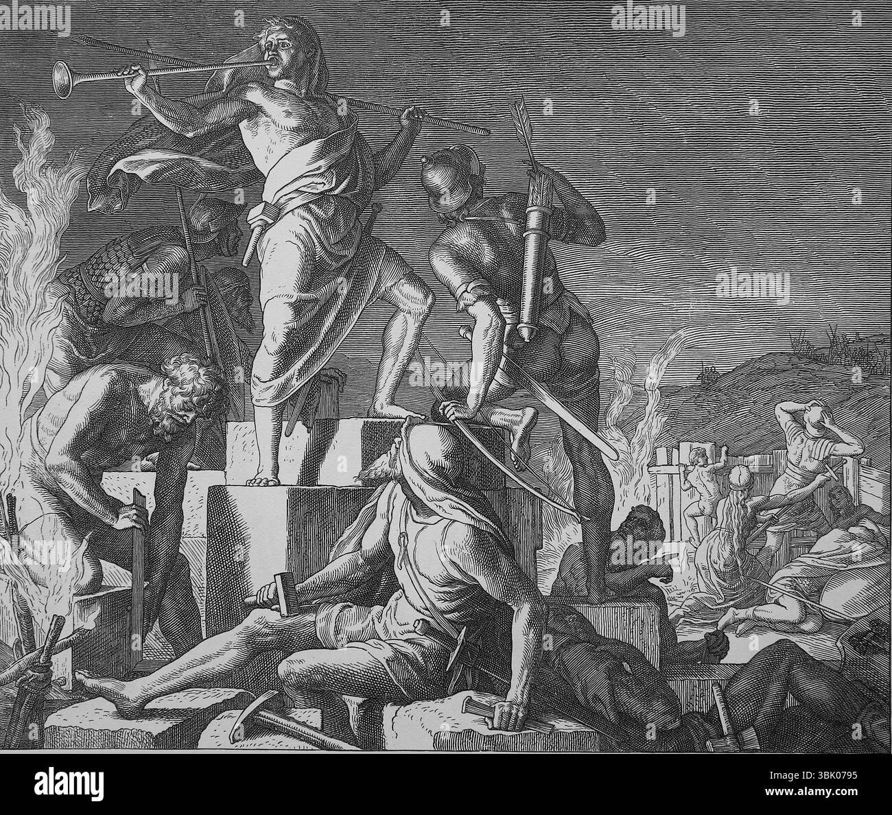 Old Testament. Nehemiah rebuilds the walls of Jerusalem. Scene of ...