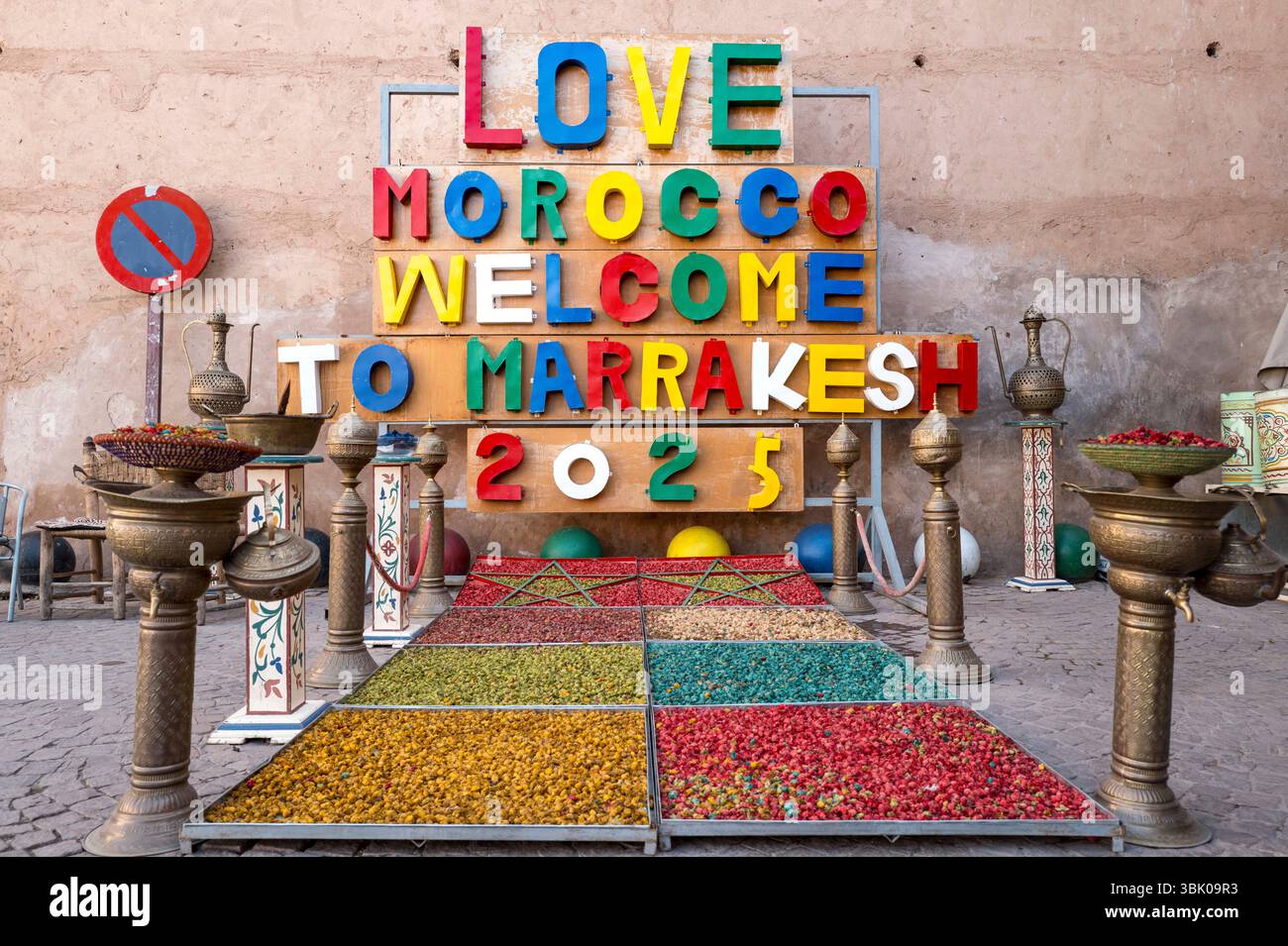 A sign, Love Marocco welcome to Marrakesh 2025, next to the Palais El Badii. Marrakech, the ...