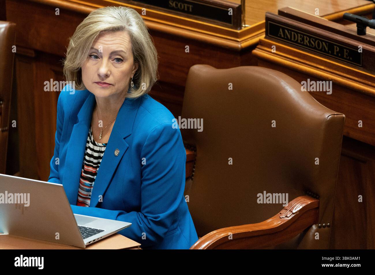 Minnesota state Rep. Kristin Robbins, R-Maple Grove, listens to a ...