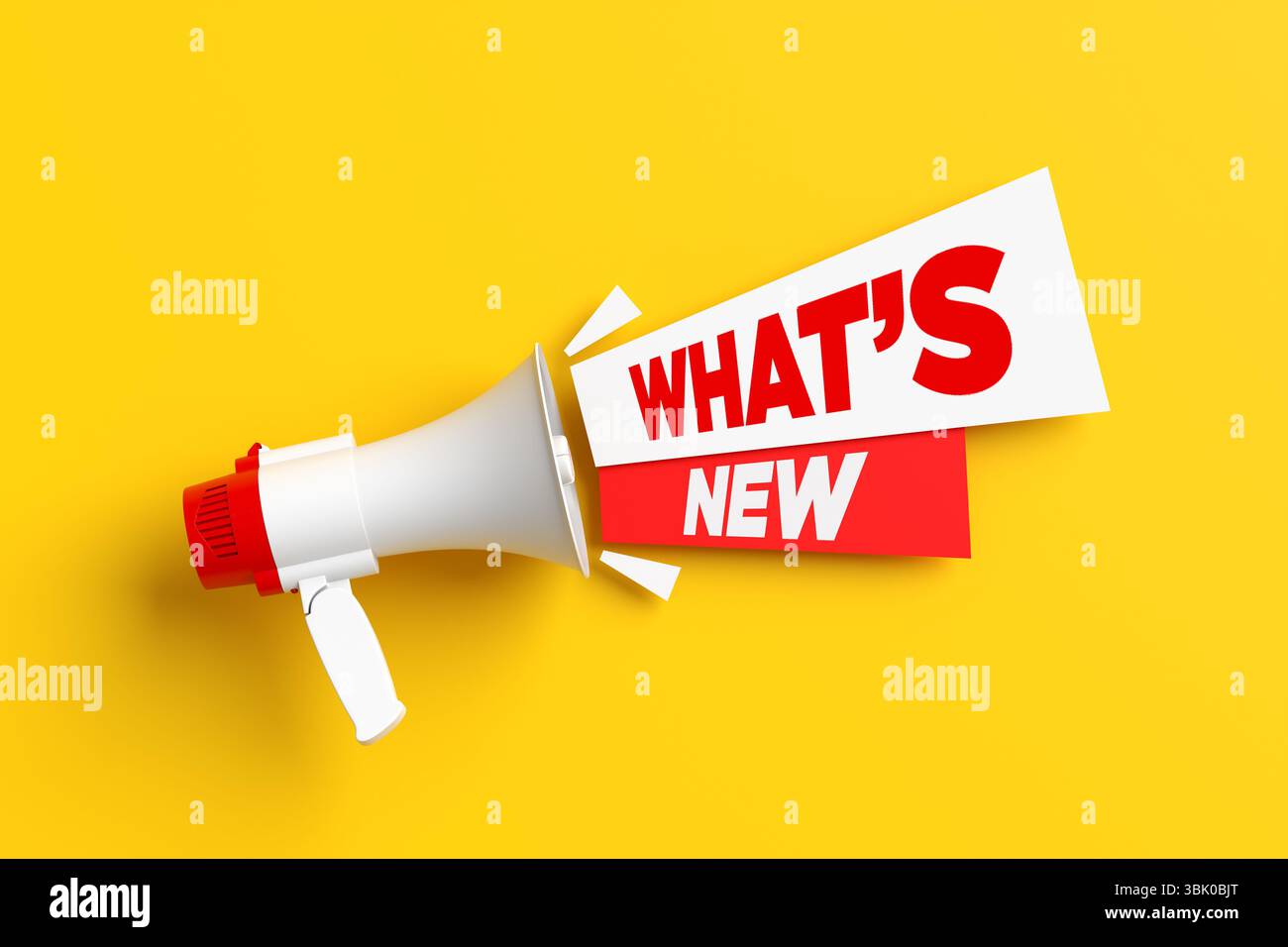 Megaphone announcing what's new on yellow background. Urgency and ...