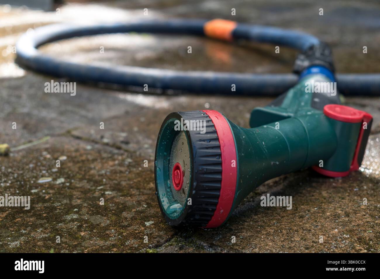 Wet garden hose spray gun lying on the ground Stock Photo - Alamy