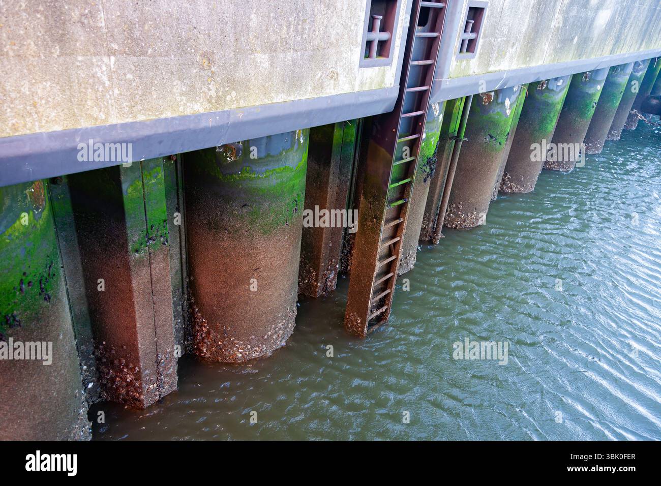Sea pier on steel supports at low tide, build-up and corrosion on the ...