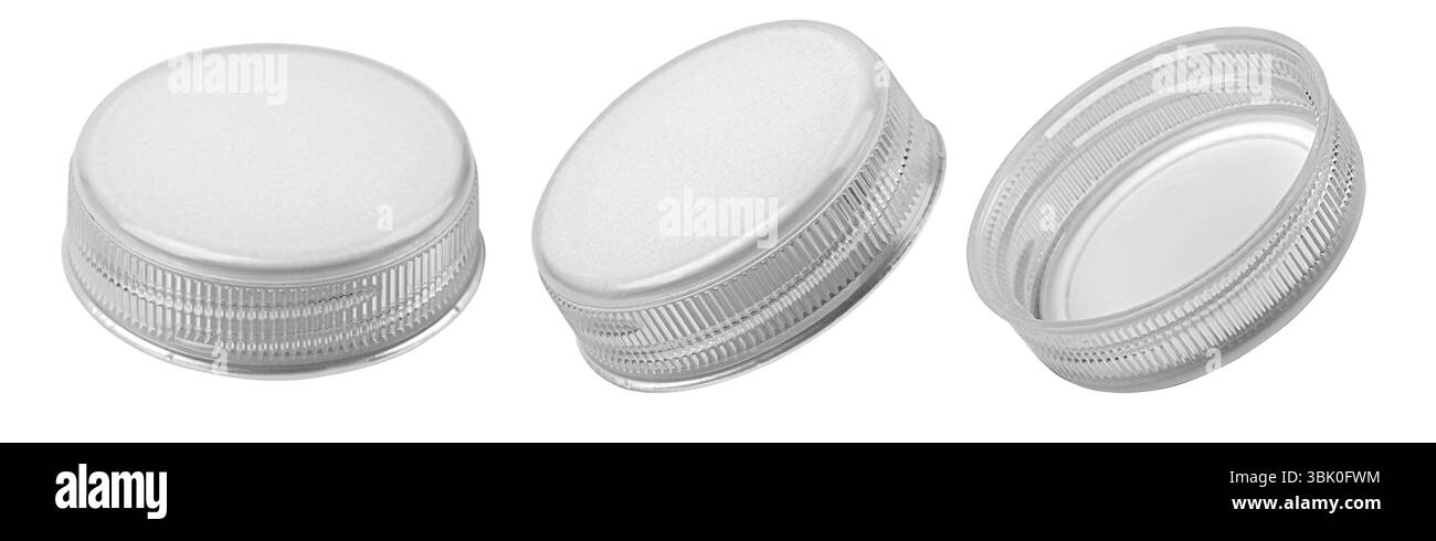 Three plastic bottle caps shown from different angles, isolated on a ...