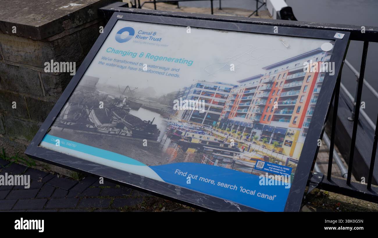LEEDS, UK - JUNE 11, 2025 - Informative sign by Canal and River Trust ...
