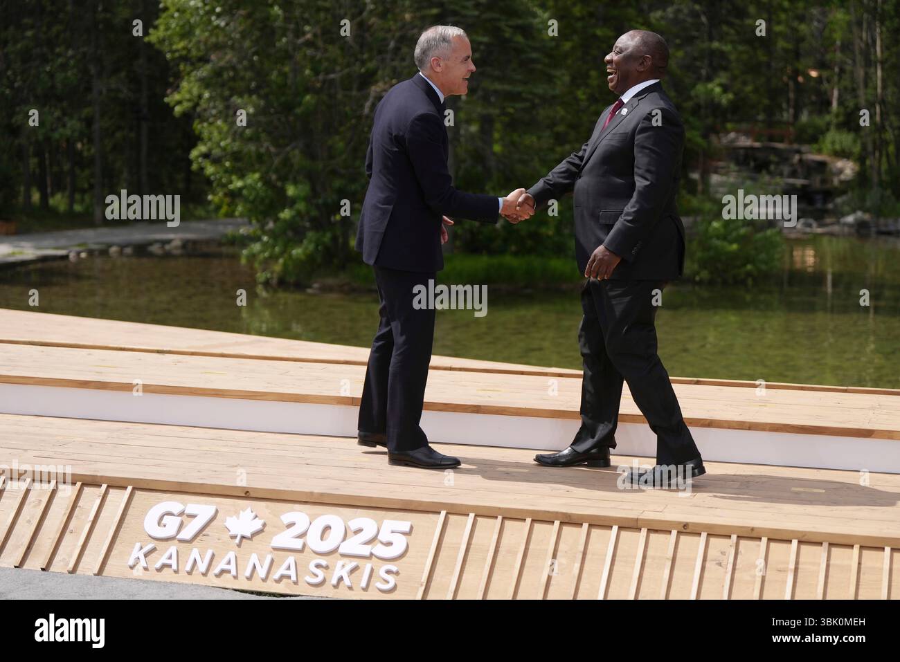 Canadian Prime Minister Mark Carney welcomes South African President Cyril Ramaphosa to the G7 ...