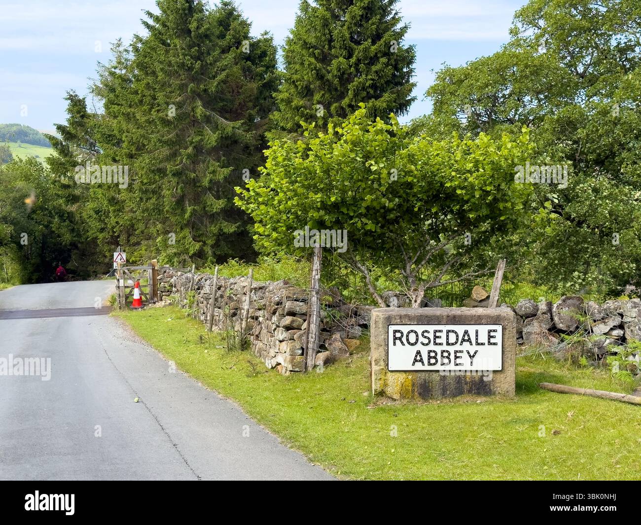 Stone sign indicating Rosedale Abbey in North York Moors National Park ...