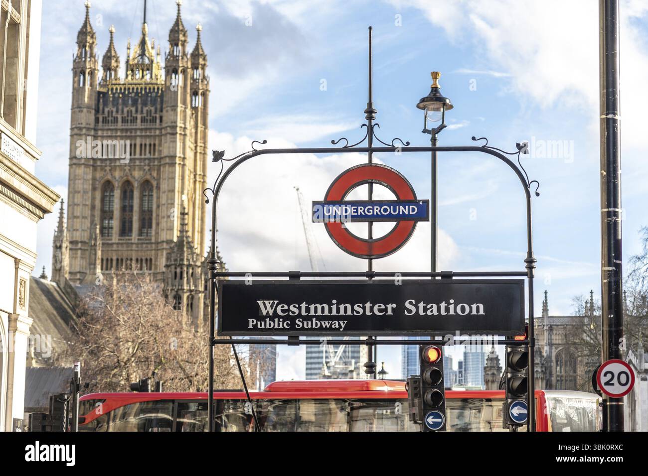 Westminster underground station sign with the houses of parliament ...