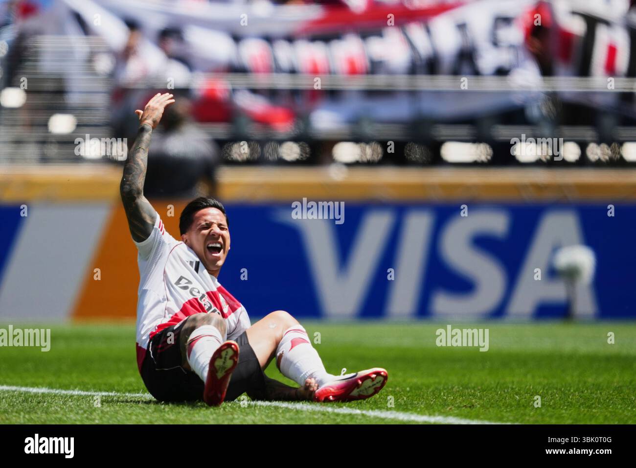 River Plate's Sebastian Driussi (15) grabs his ankle after scores his ...