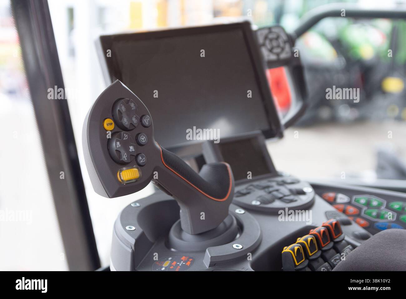 The cabin and control stick tractor of a modern tractor close-up ...