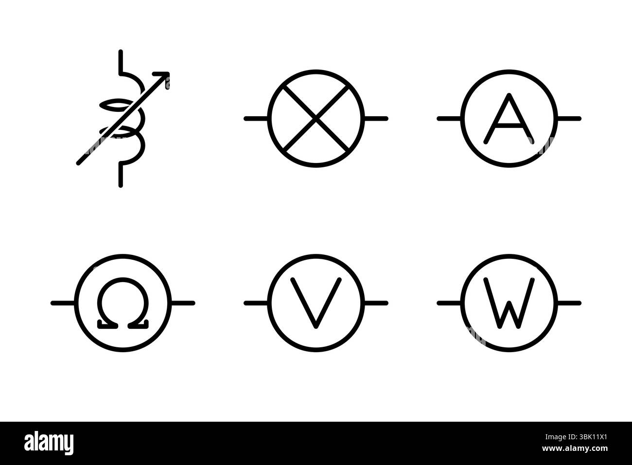 Icons of variable inductors and meters ampere, ohm, voltage, watt for ...