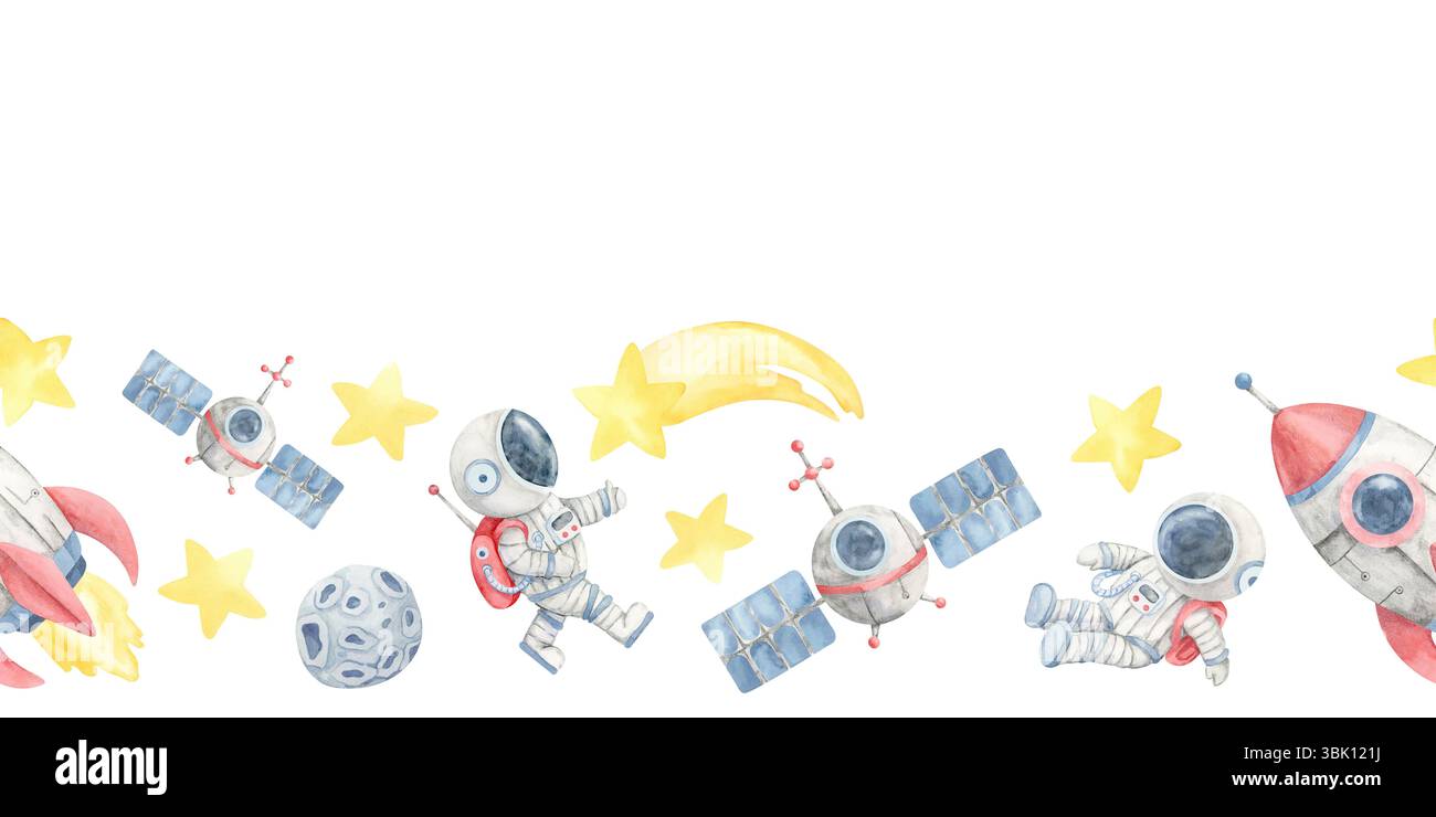 Red rockets, satellites, stars, comets and astronauts in gray ...