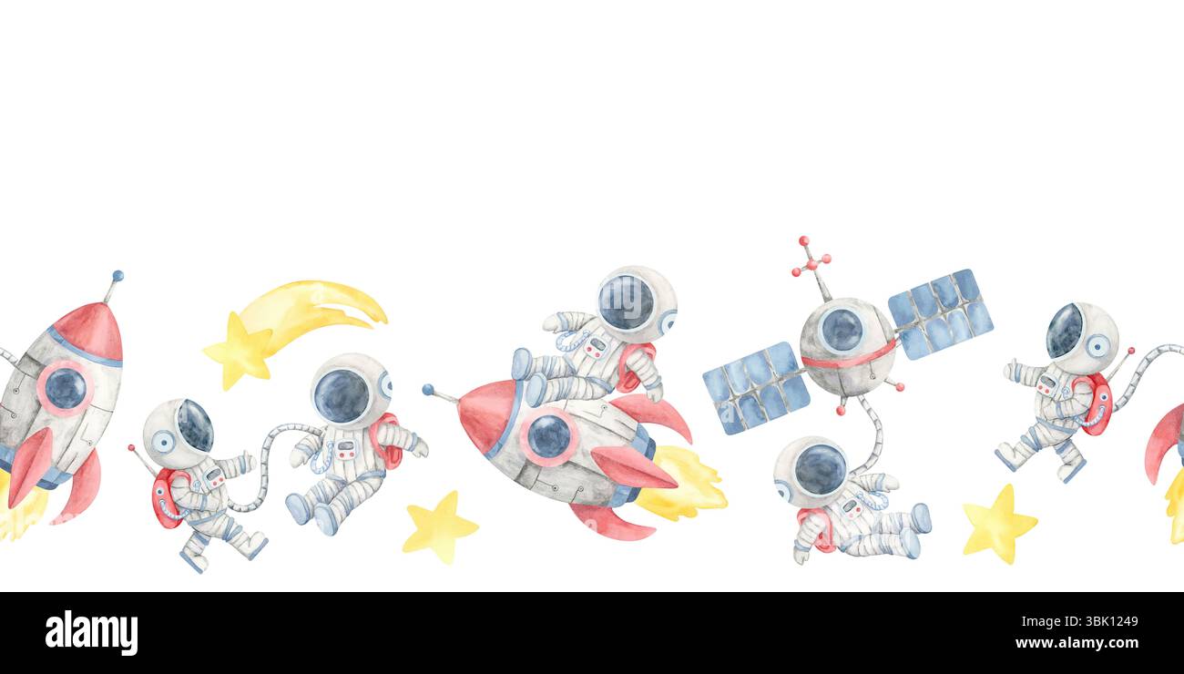 Space explorers, yellow comets, stars, red rockets, and gray satellites ...