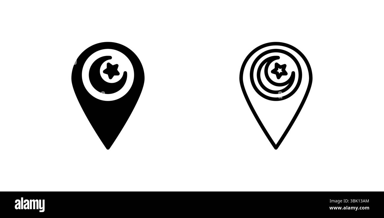 A location pin with crescent moon symbol, representing prayer direction ...