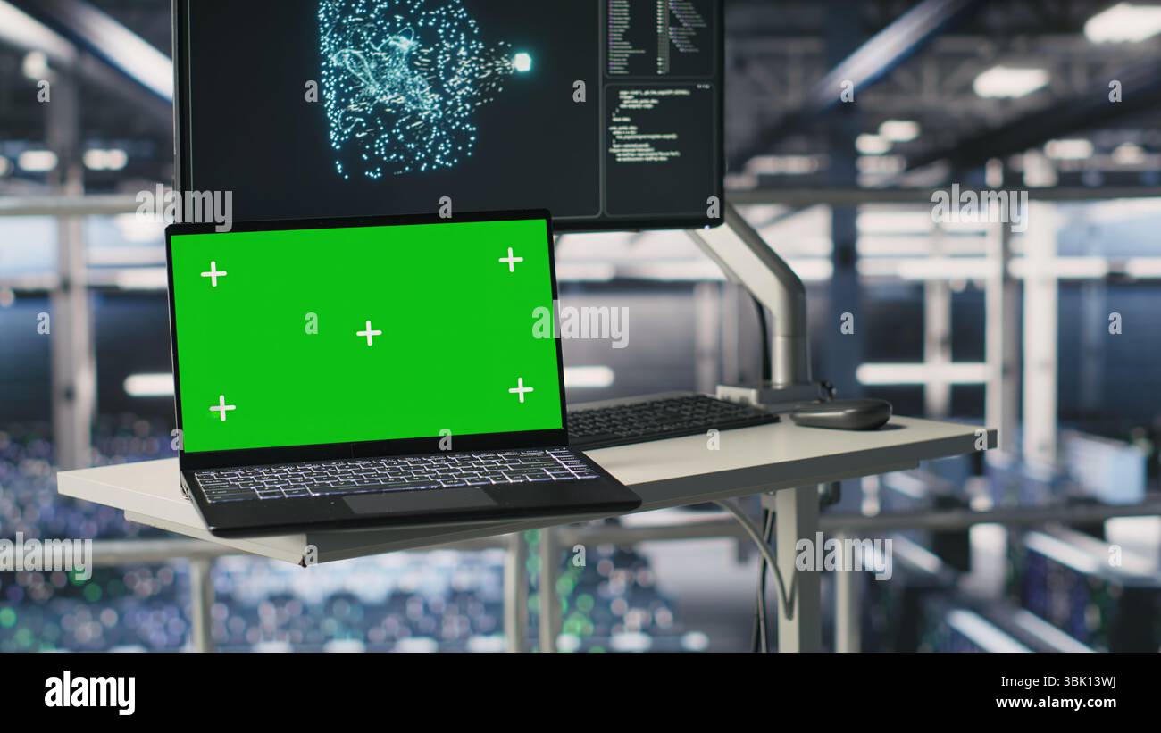 Isolated screen laptop automating supercomputers hardware inside server hub. Chroma key notebook ...