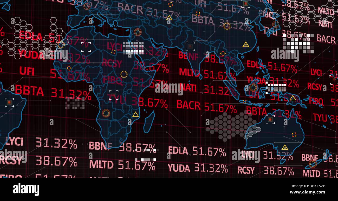 Displaying world map outline showing stock tickers, percentages and ...