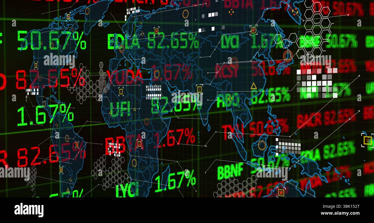 Displaying financial dashboard showing stock tickers and percentage ...