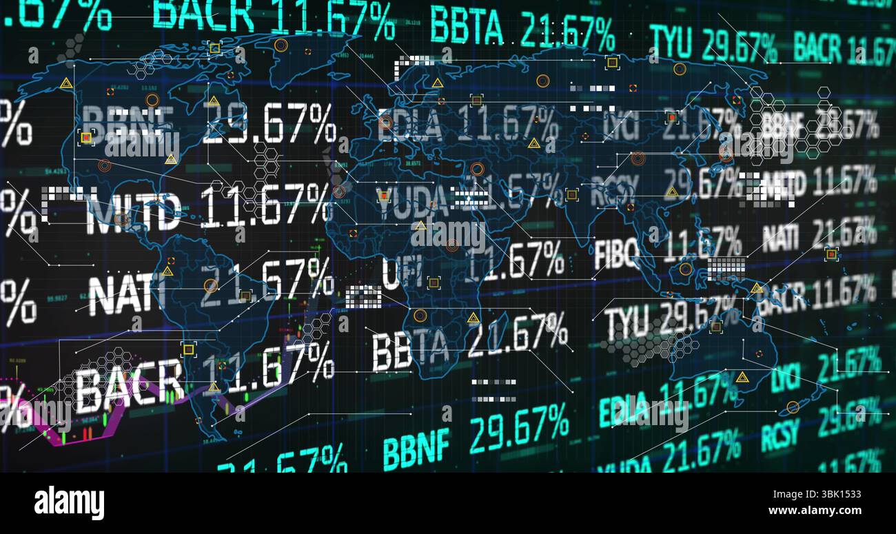 Displaying world map overlay on dark grid interface, glowing ticker symbols and percentage ...