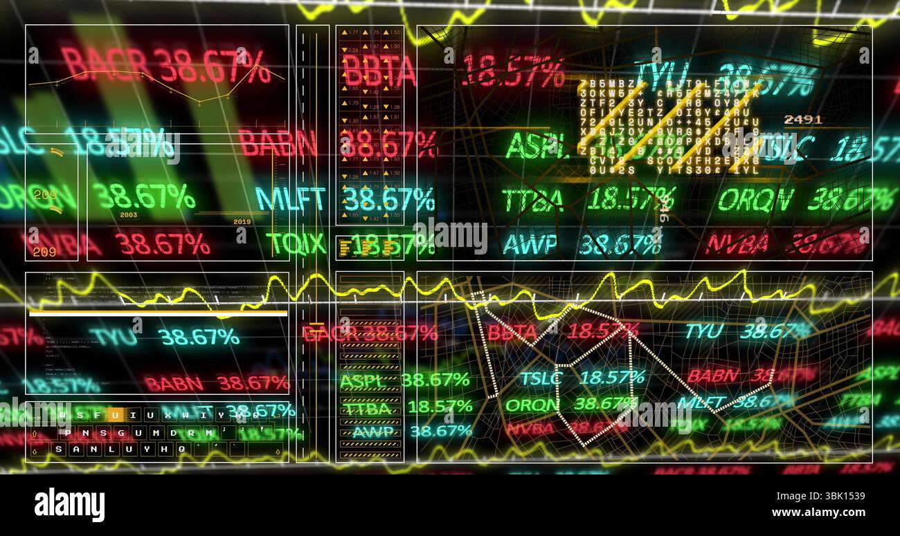 Dashboard displaying stock tickers and percentages on grid, with neon ...