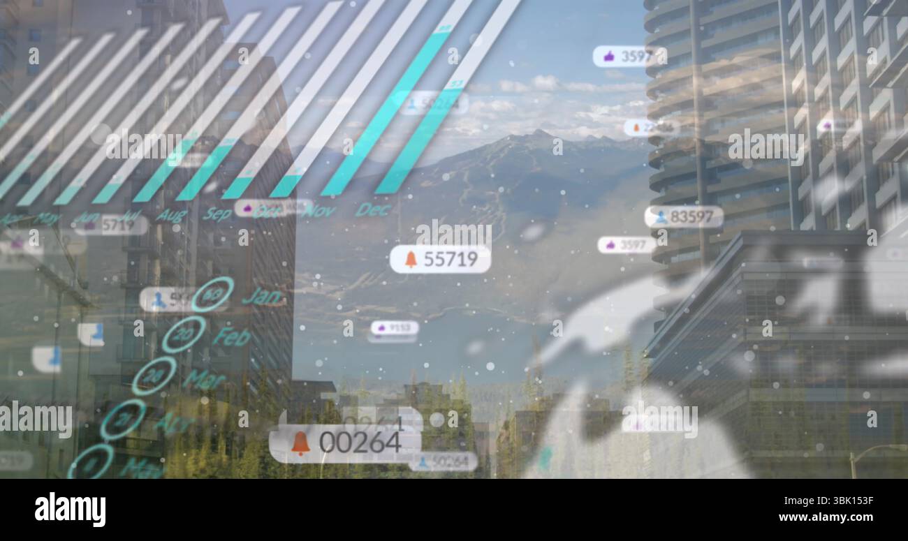 Displaying data overlay over city skyline, showing bar charts and ...