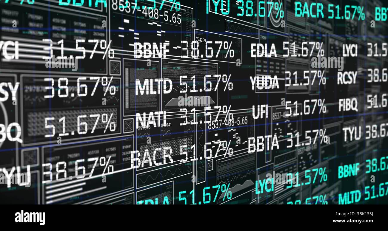 Displaying digital dashboard at trading interface, showing ticker codes ...