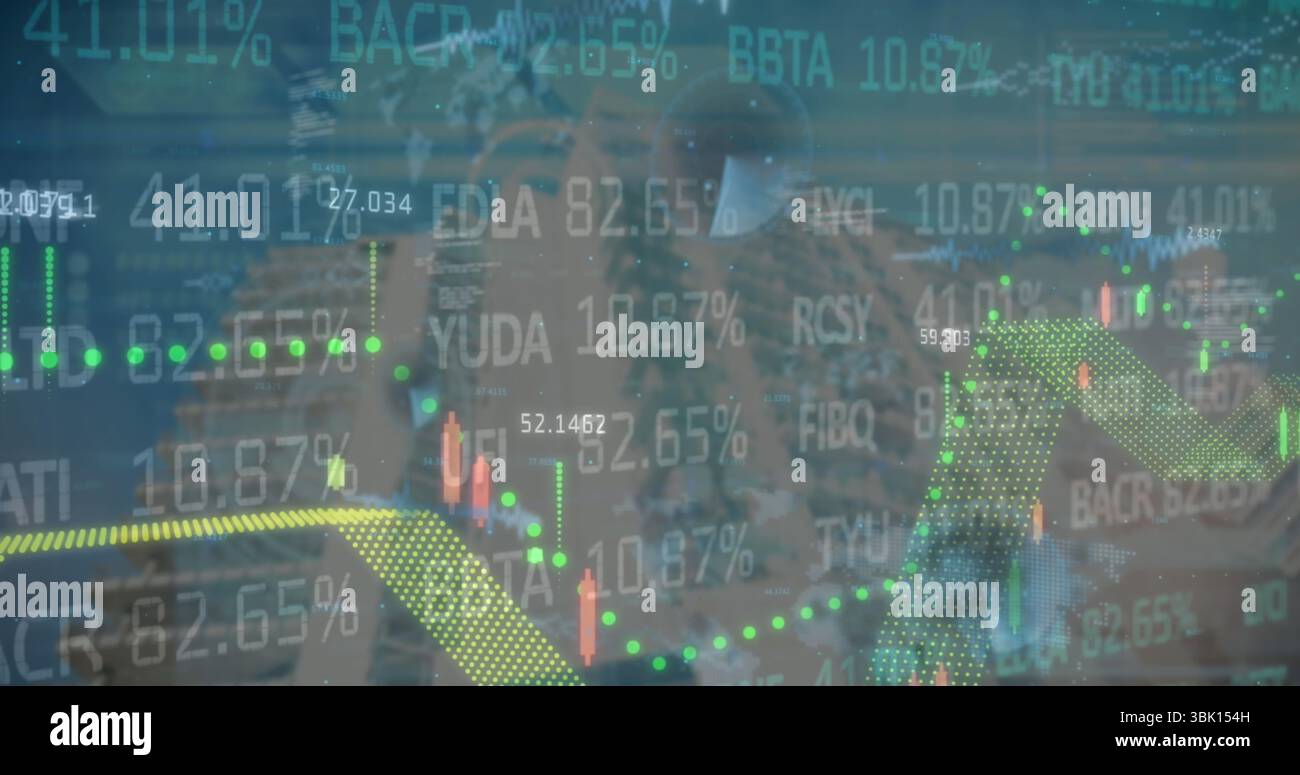 Financial analyst studying transparent display in trading office with ...