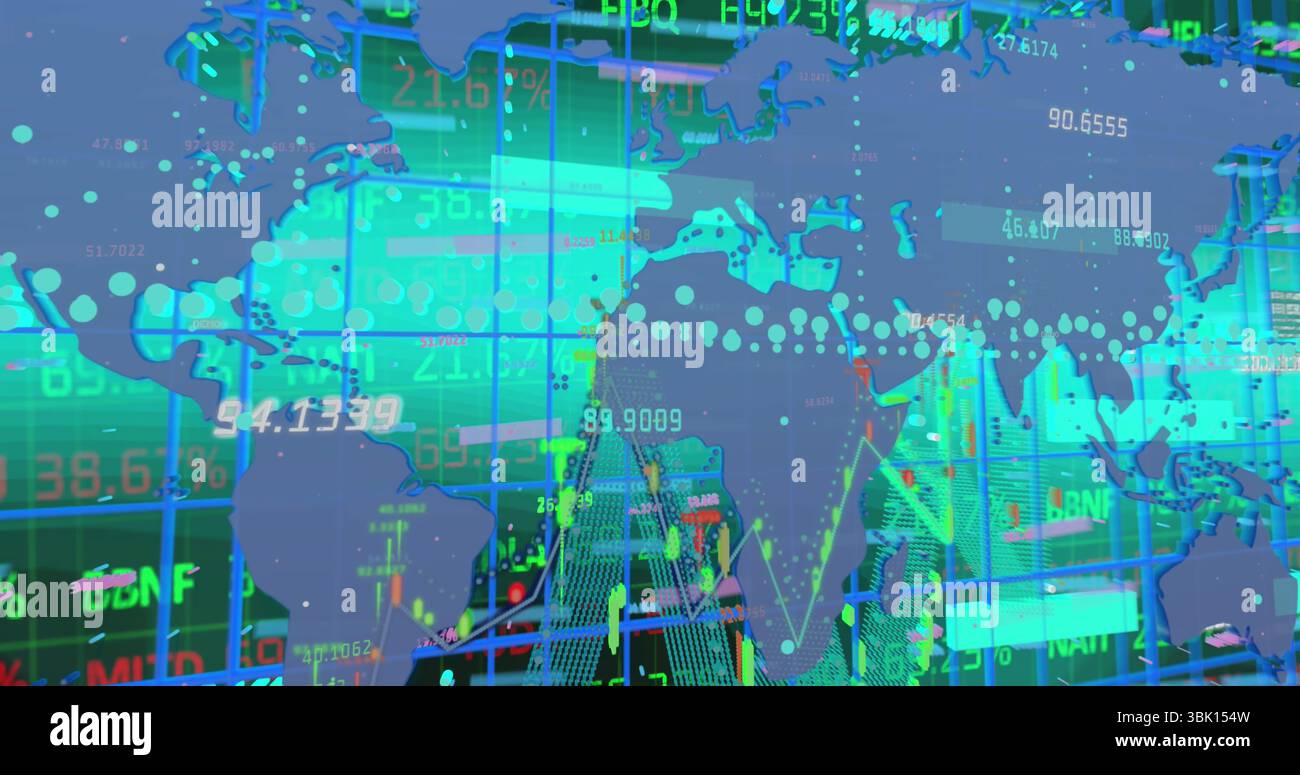 Displaying translucent blue world map overlay on financial data ...