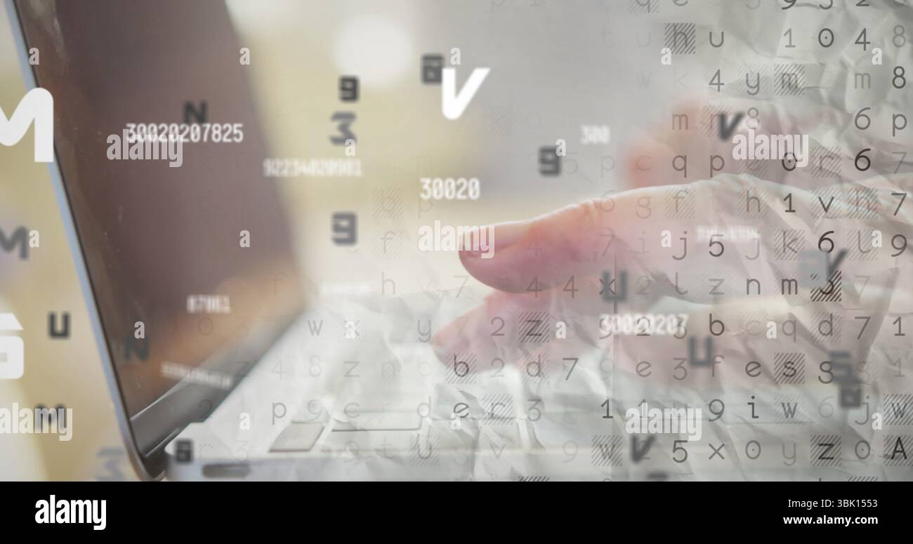 Typing senior woman's right hand tapping laptop keyboard on home desk ...