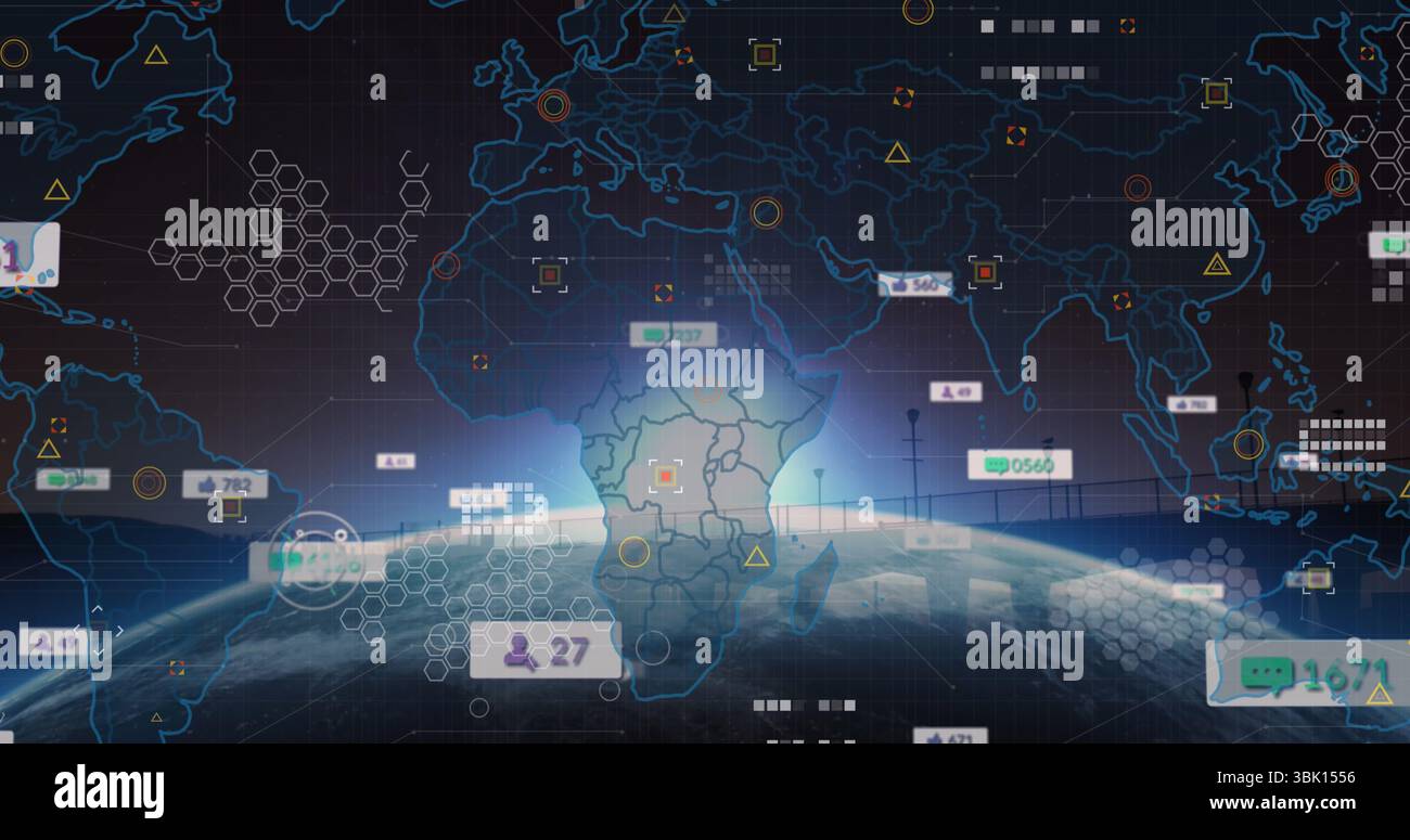 Animating Africa outline orbiting globe in data screen with hexagon grid, numeric labels and ...
