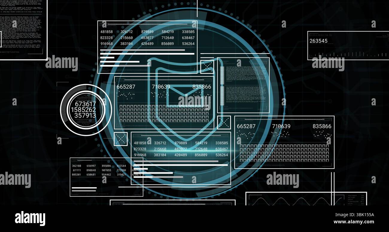 Displaying interface floating data panels in virtual dashboard, with central HUD and envelope ...