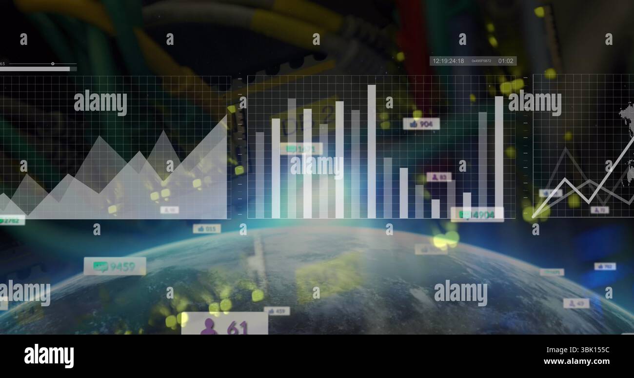 Showing planet Earth rotating in space, overlaid with semi-transparent data panels, network ...