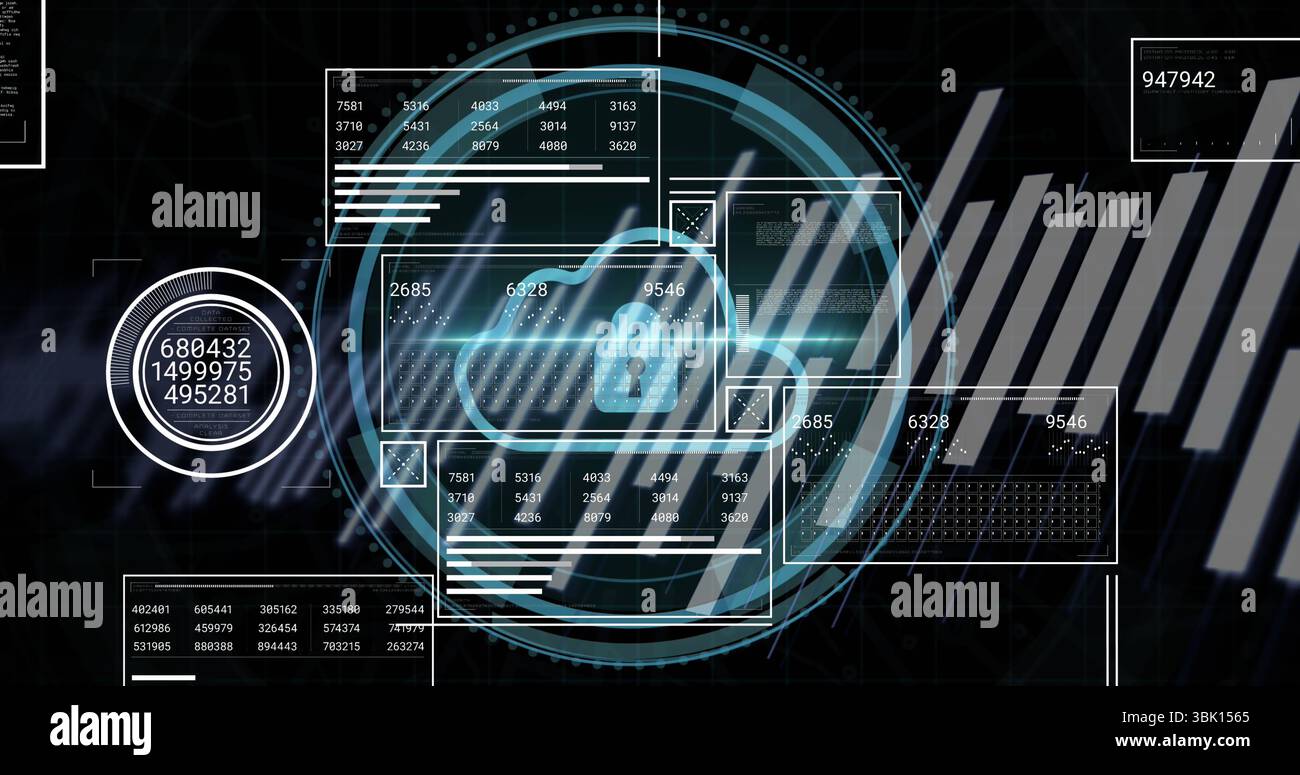 Displaying holographic cloud icon with padlock at cybersecurity dashboard, showing circular grid ...