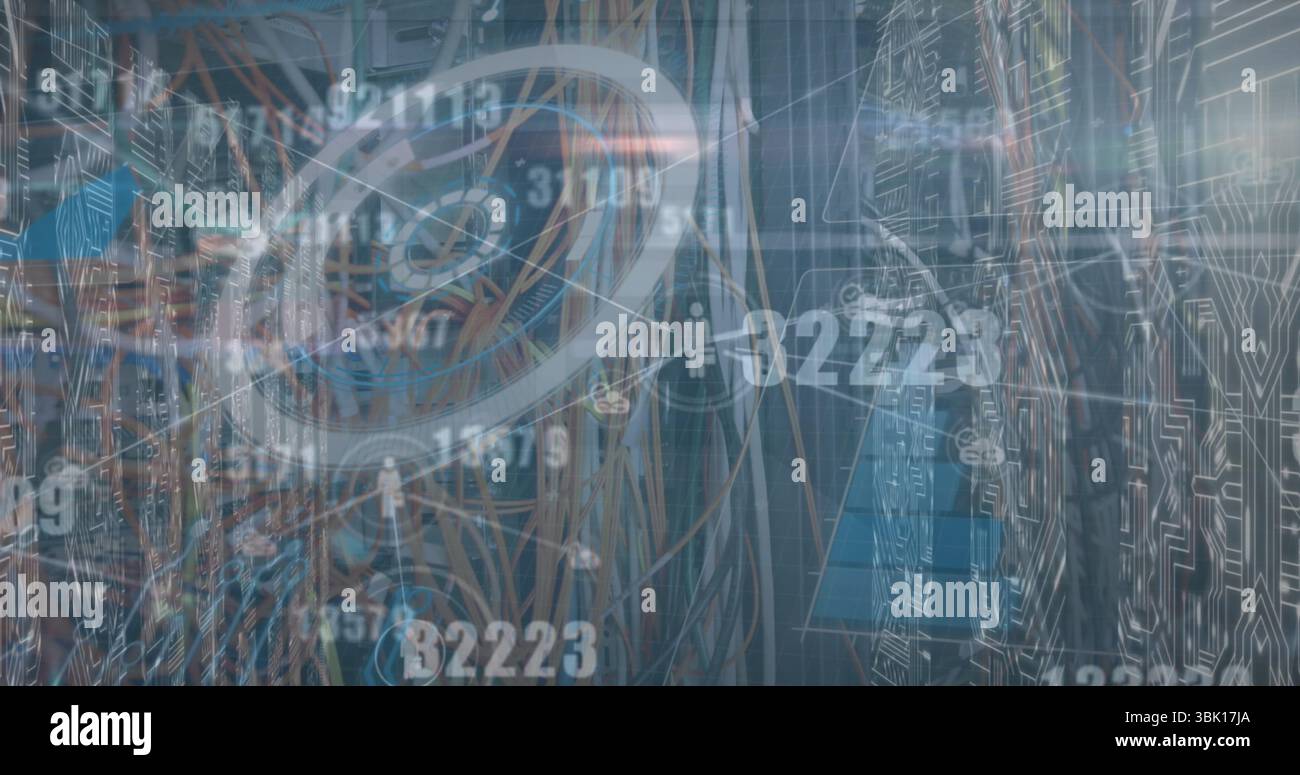 Showing tangled network cables plugged into patch panels in server rack ...