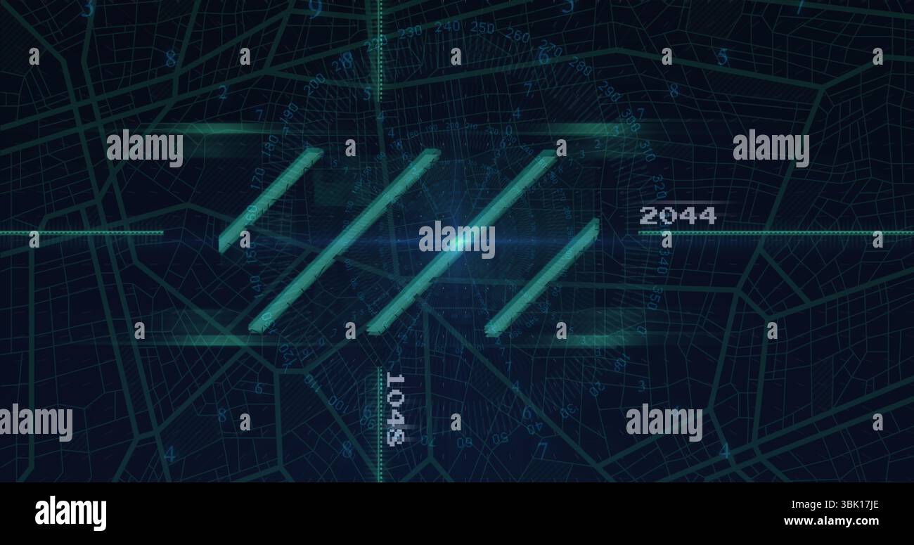 Displaying virtual HUD with teal grid lines, glowing diagonal bars and ...