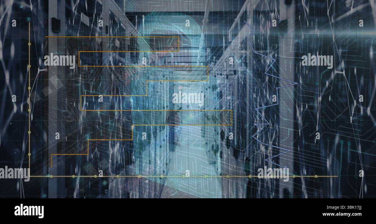 Displaying central data center aisle featuring holographic network overlay, with server racks ...