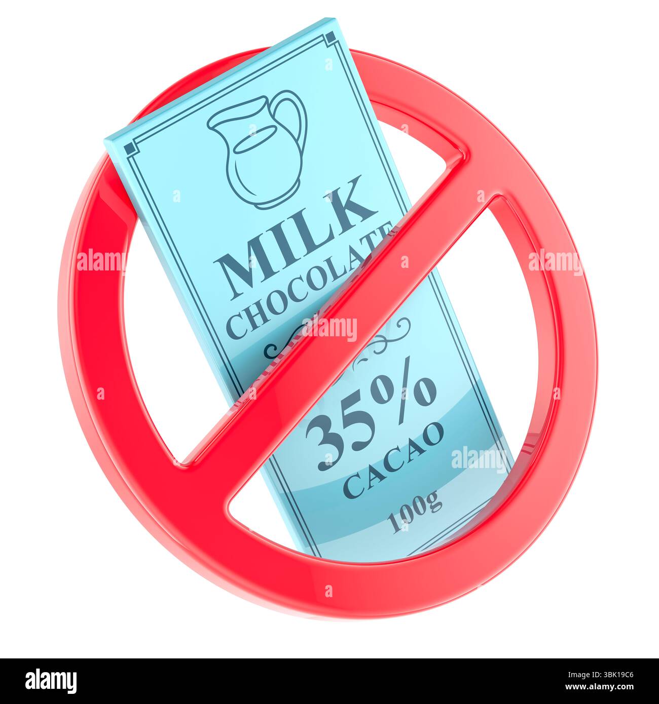Prohibition sign with milk chocolate bar. 3D rendering isolated on ...