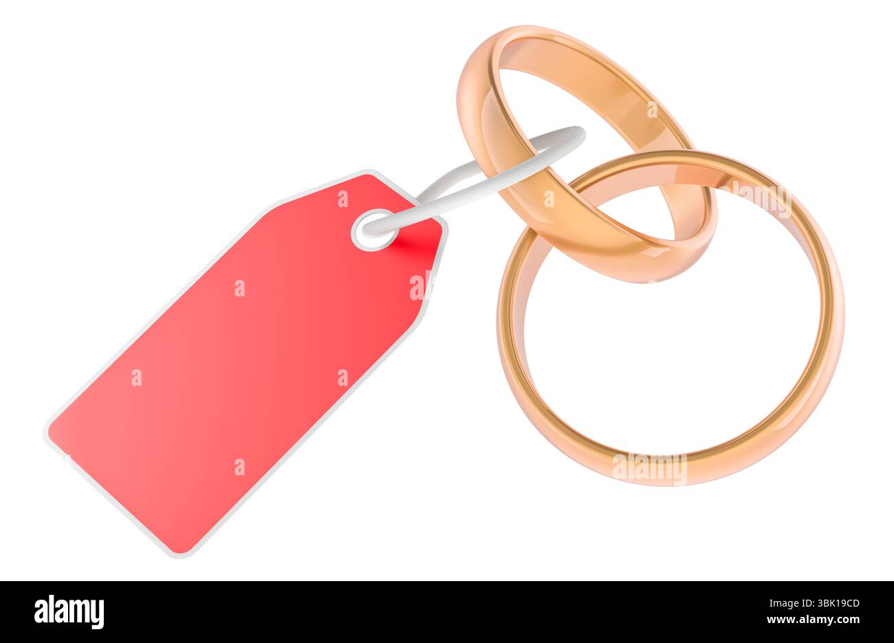 Wedding rings with price tag. Wedding expenses, concept. 3D rendering ...