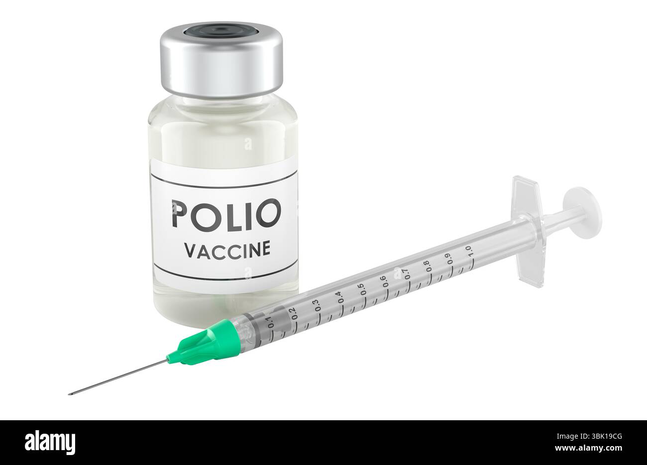 Poliomyelitis immunization, concept. Polio vaccine IPV vial and syringe ...