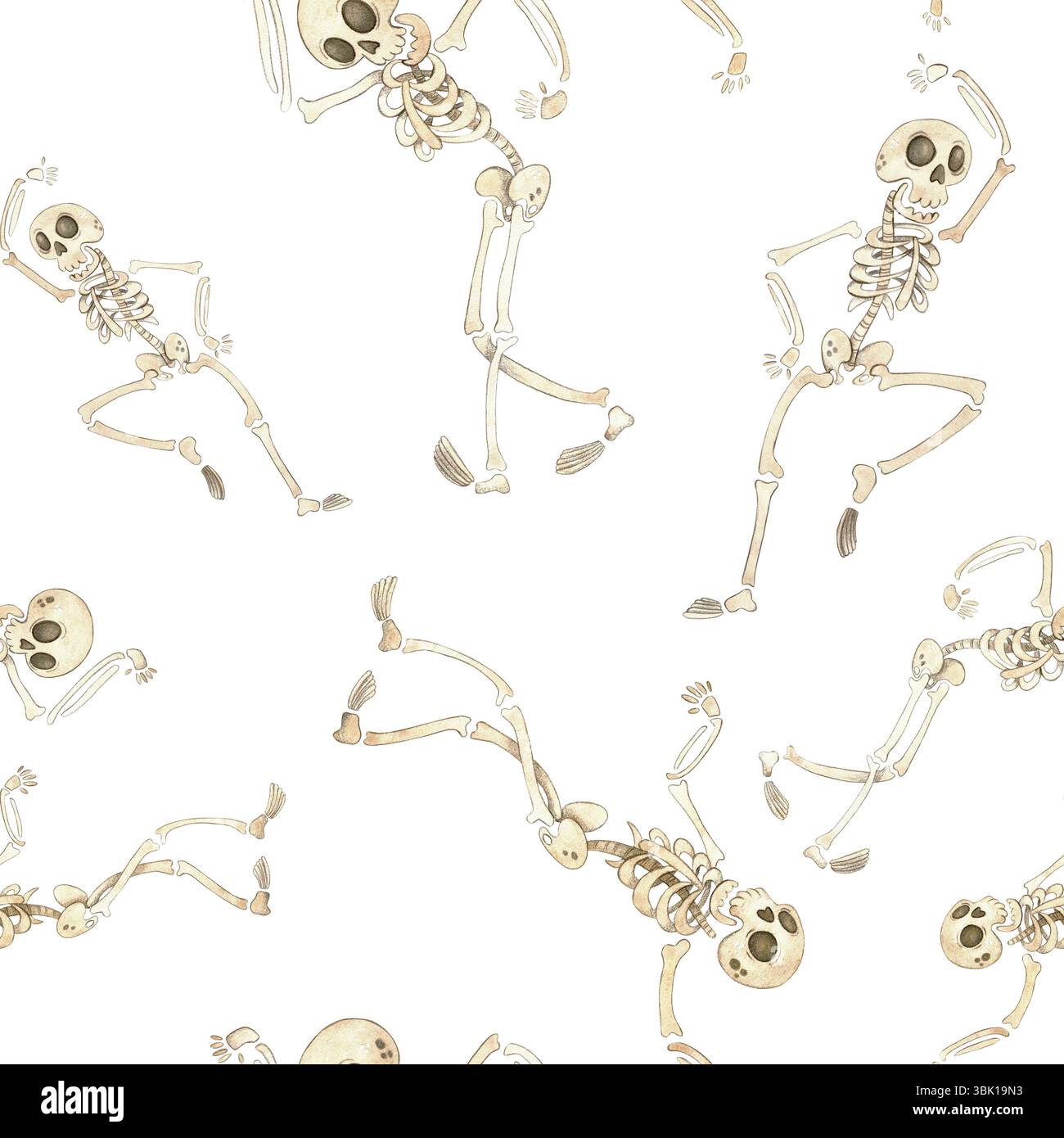 Seamless pattern with dancing skeletons for Halloween. Watercolor ...