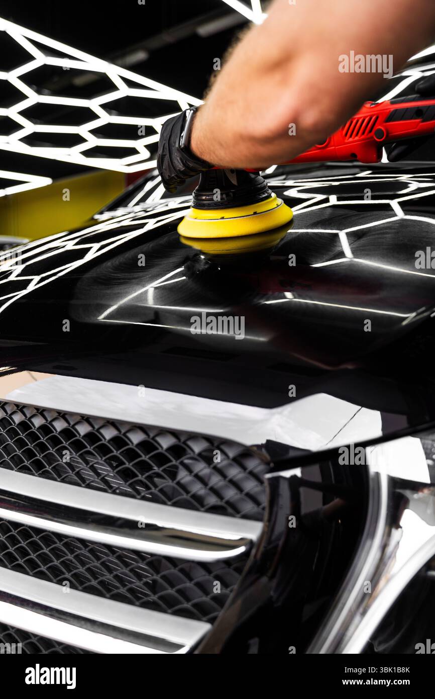 Paint polishing in active motion. Detailing car for sealant or ceramic ...
