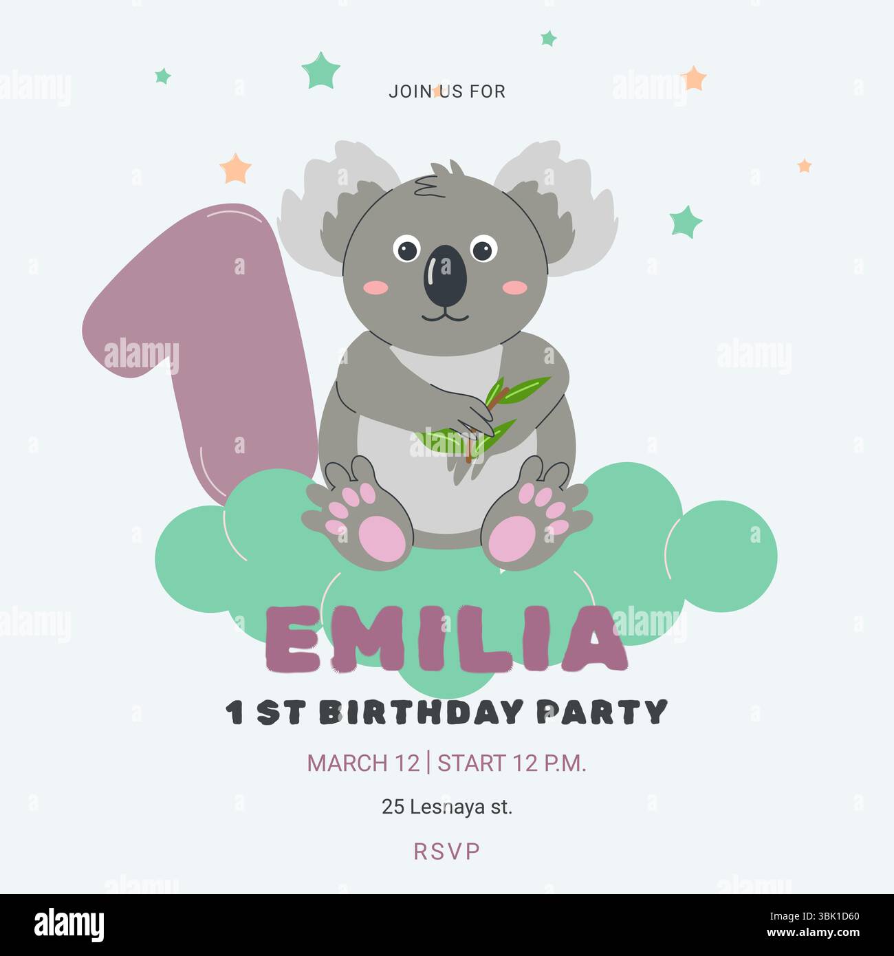 Invitation childrens birthday party with cute koala and number ...