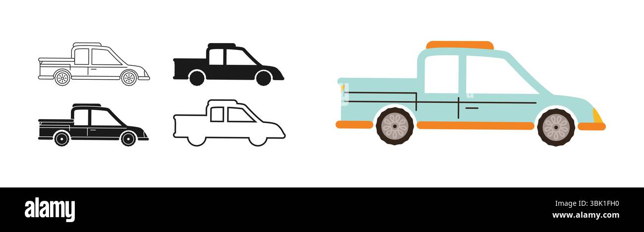 Pickup Car icon symbol cartoon set. Hand drawn cute automobile car in ...